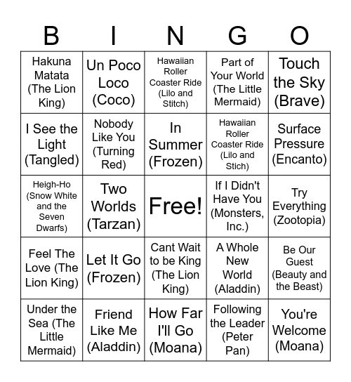 Music BINGO - Disney Edition Bingo Card