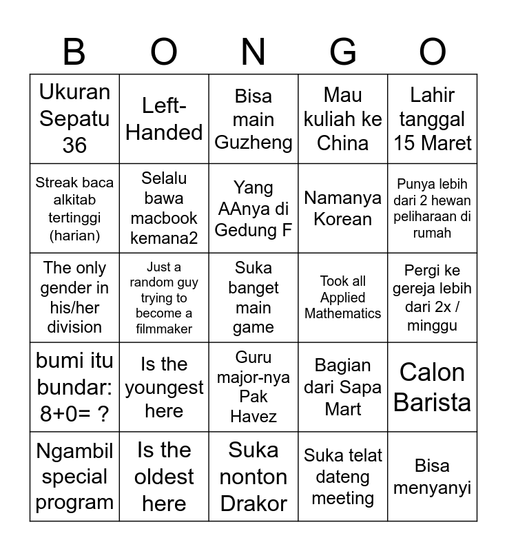 BONGGO Bingo Card