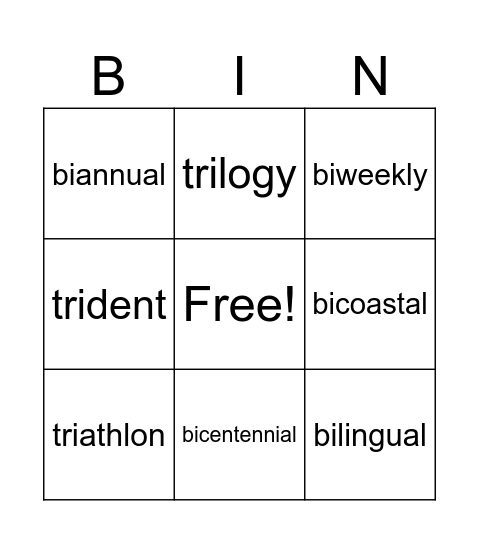 Tri & Bi Vocabulary Words Bingo Card
