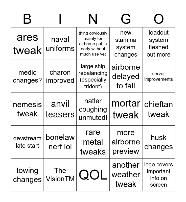 FOXHOLE UPDATE GOON TIME Bingo Card