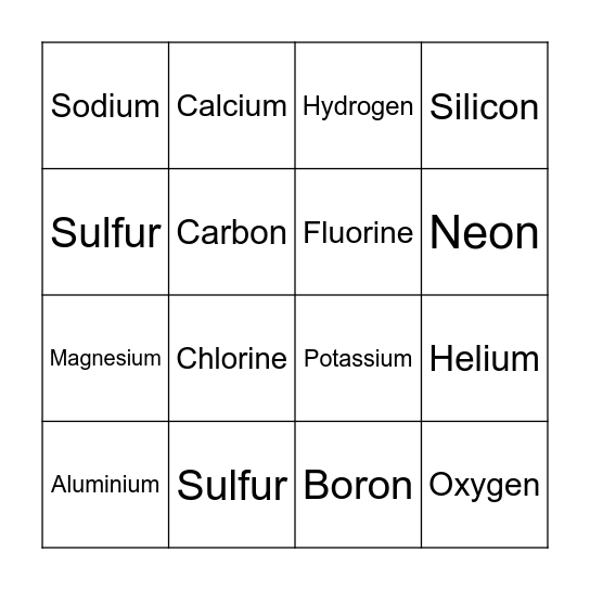 Electron Configuration Bingo Card