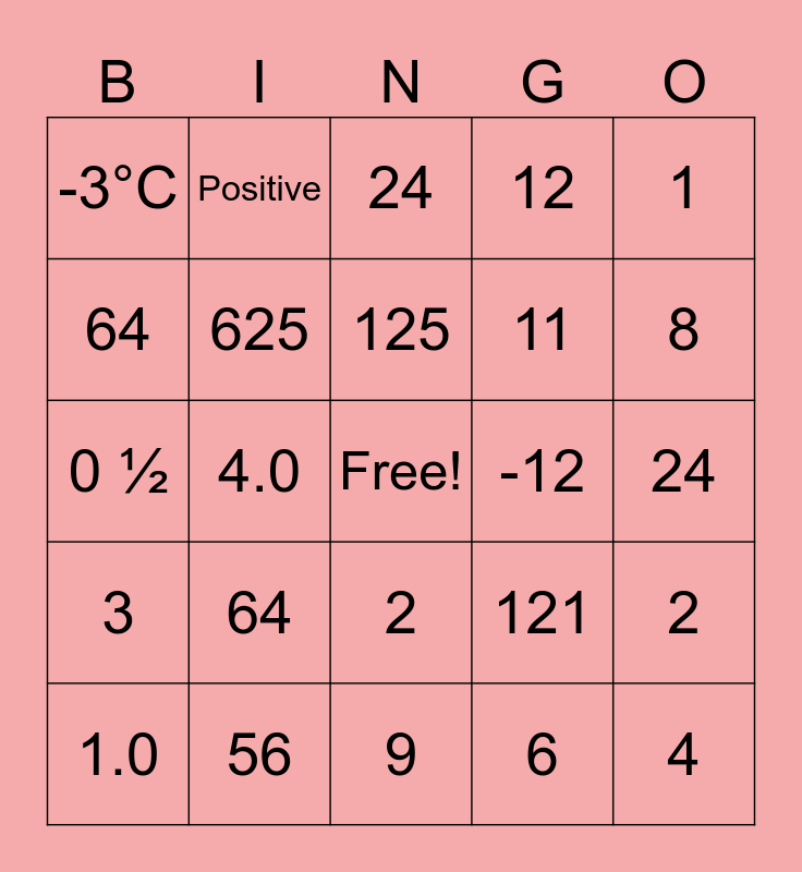 MATH BINGO Card