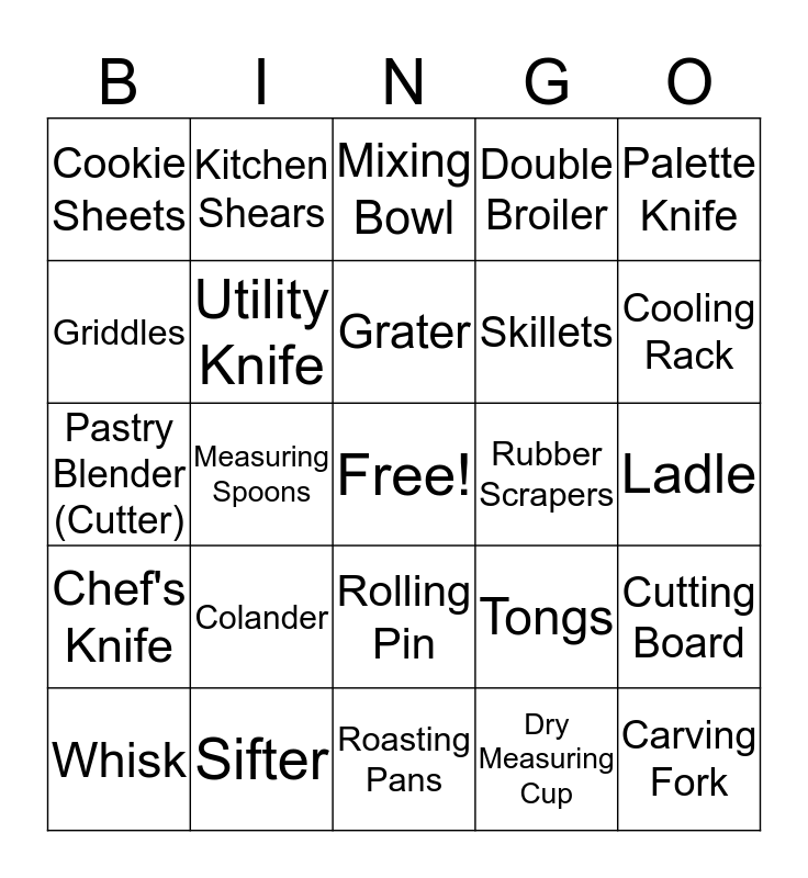 Kitchen Utensil Bingo Card