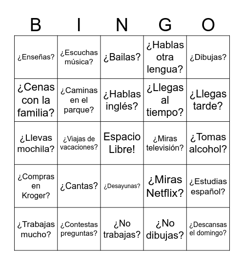 -AR verbs Bingo Card