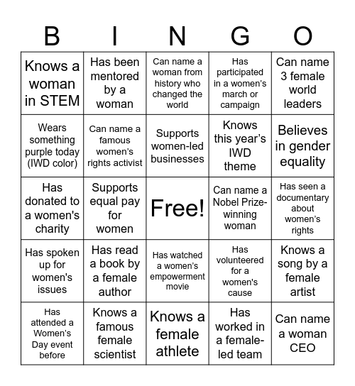 International Women's Day Bingo Card