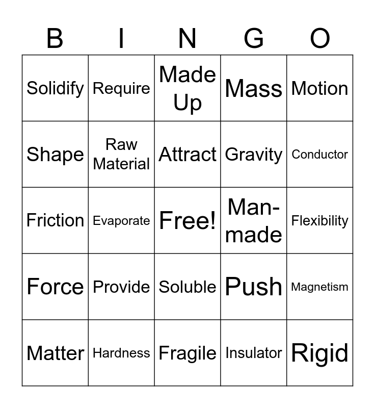 Matter and Force Bingo Card