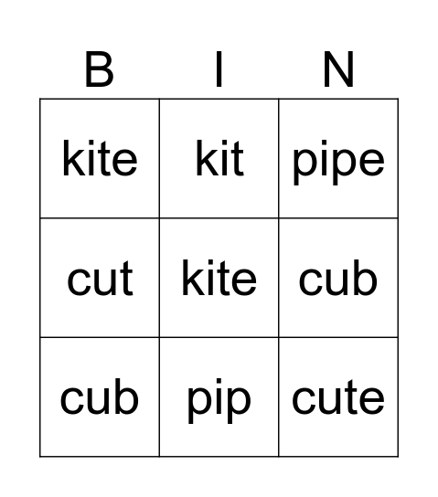 long & short 'i' 'u' Bingo Card