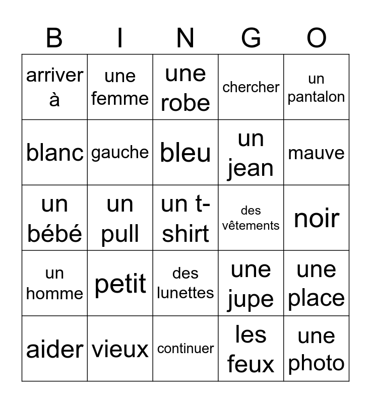 Franse Bingo Card
