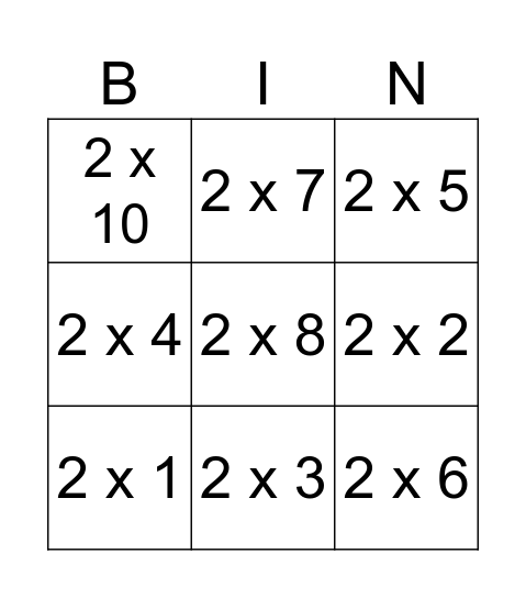 2 times tables Bingo Card