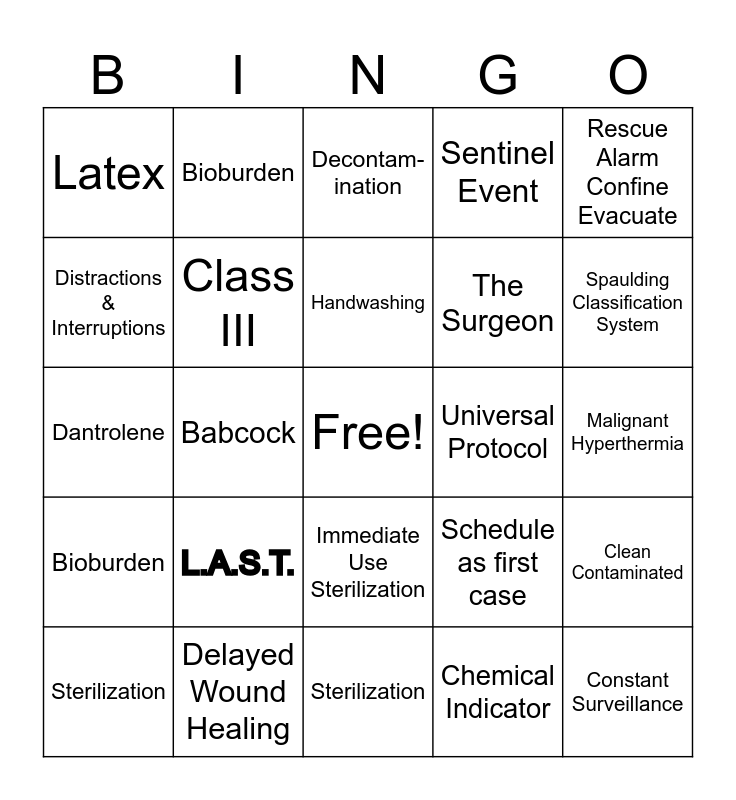 PERIOP 101 Bingo Card