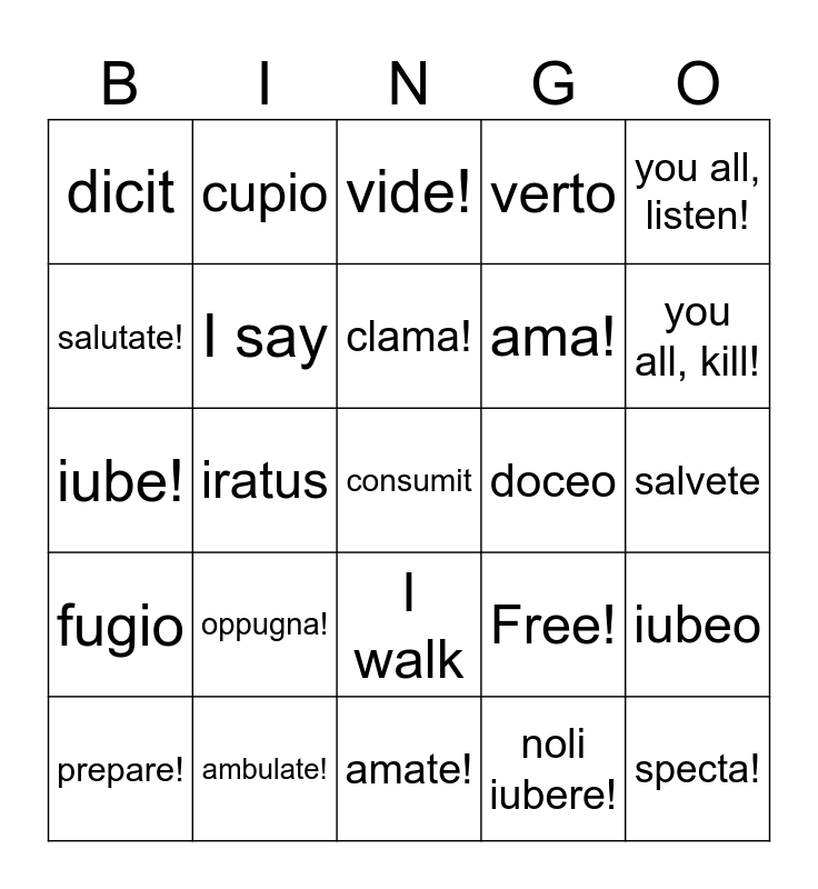 Imperatives Bingo Card