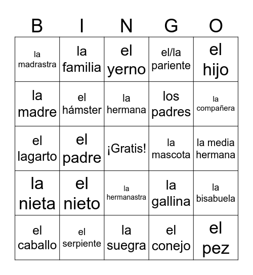 La familia, amigos y mascotas Bingo Card
