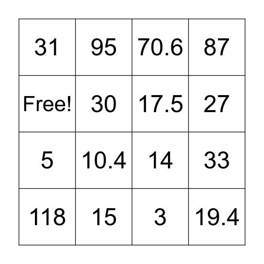 Math Bingo Card