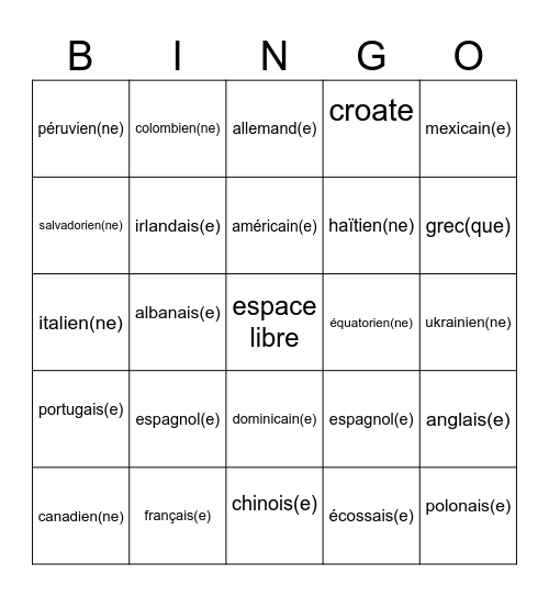 les nationalités - mots 1 Bingo Card