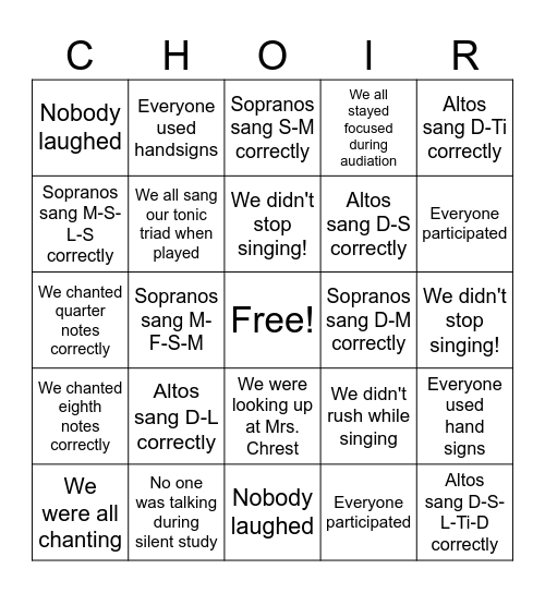 SIGHT READING BINGO Card