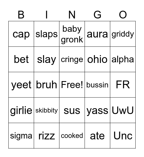 Gen Alpha Bingo Card
