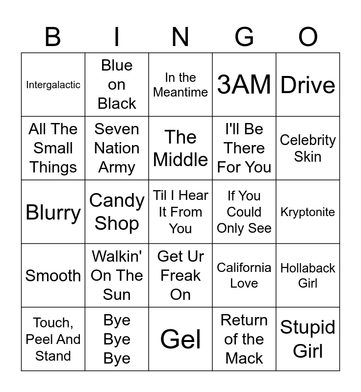 1995 - 2005 Top Hits Bingo Card