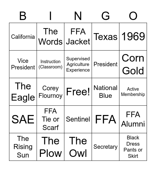 FFA Review Bingo Card