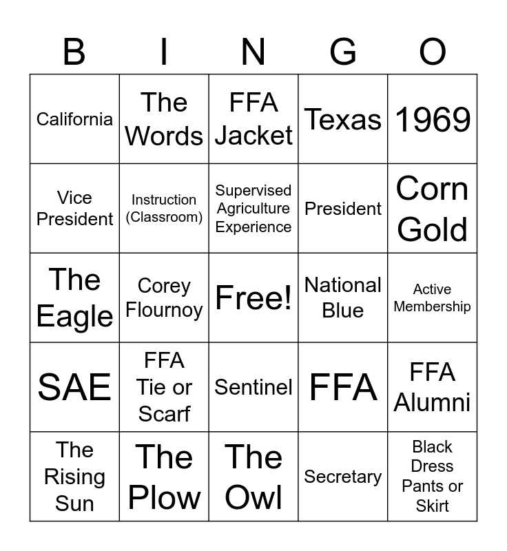 FFA Review Bingo Card