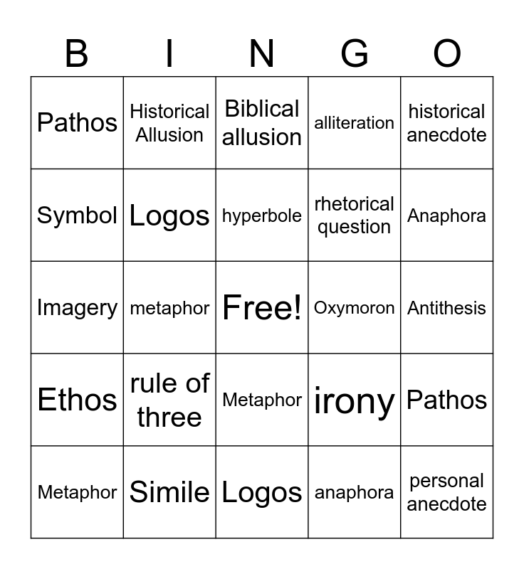 Rhetorical Device Bingo Card