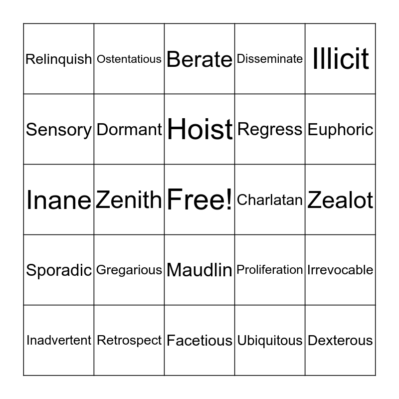 1st Six Weeks Vocabulary Test Bingo Card