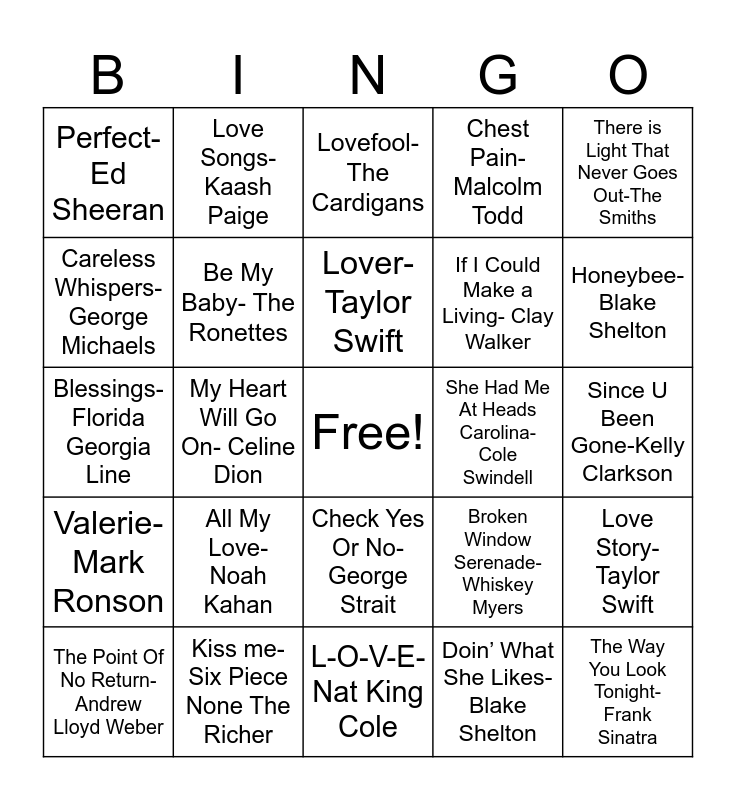 Valentine’s Music Bingo Card