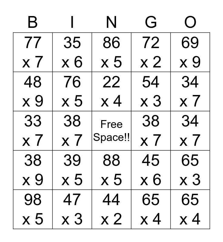 2 digit by 1 digit Multiplication Bingo Card