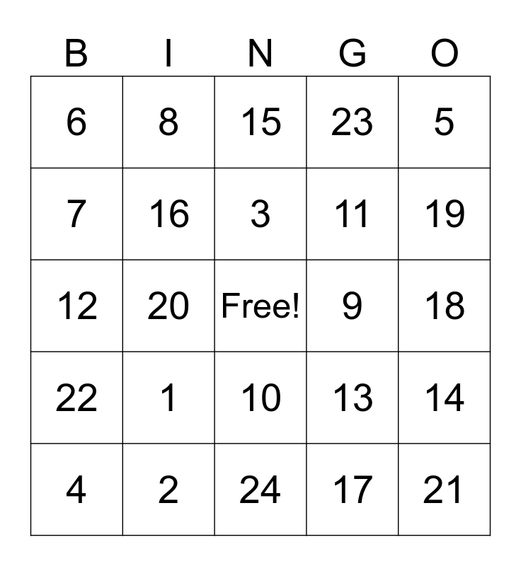 Numbers Bingo Card
