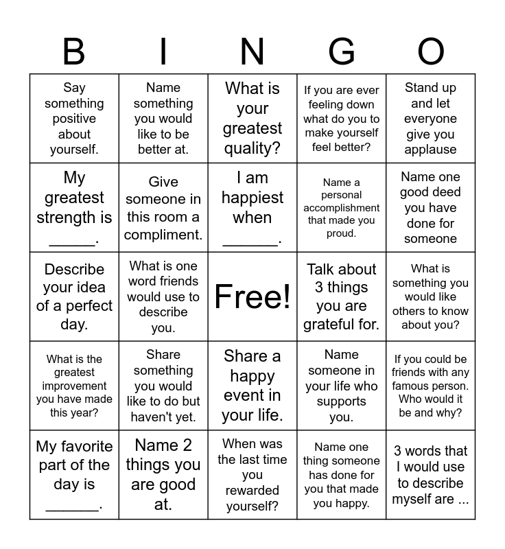 Self-Esteem Bingo! Bingo Card