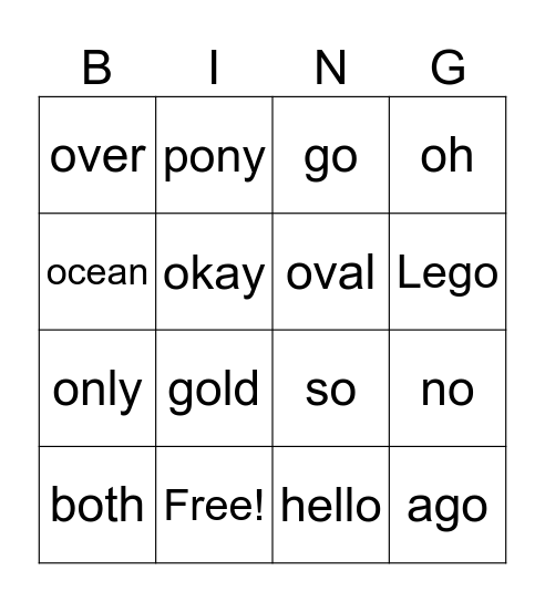 Long 'O' Bingo Card