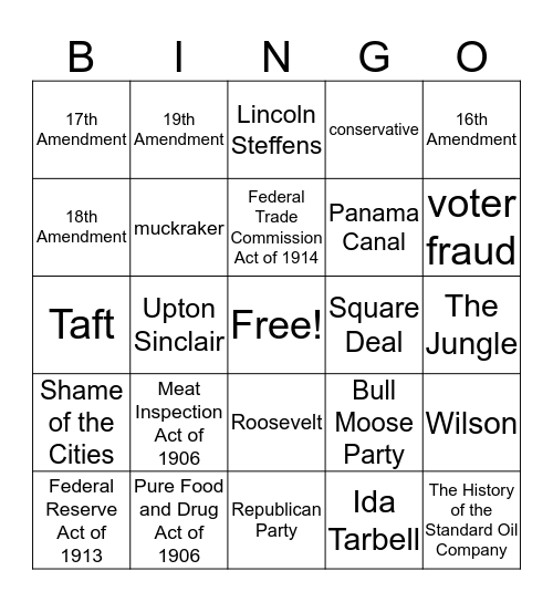 Progressive Era Bingo Card