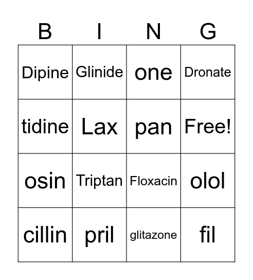 Suffix/Classifications Bingo Card