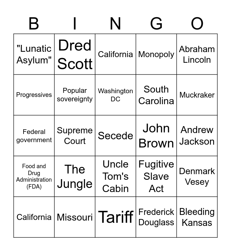 Review Civil War/Progressive Bingo Card