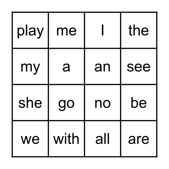 memory words Bingo Card