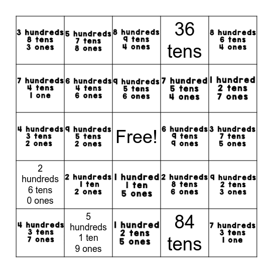 Place Value Bingo Card
