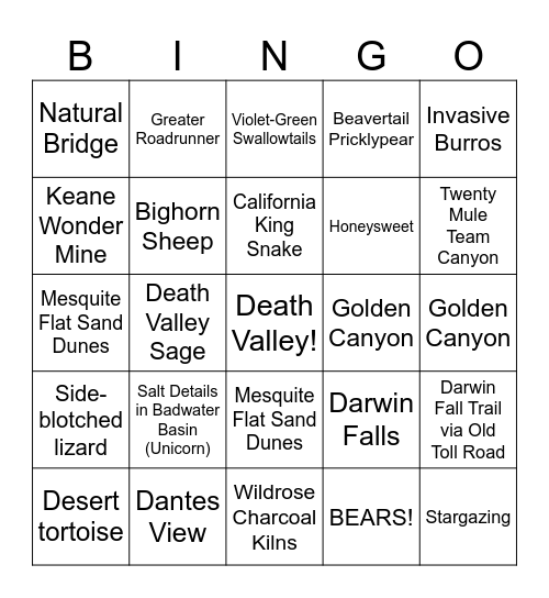 Death Valley Bingo Card