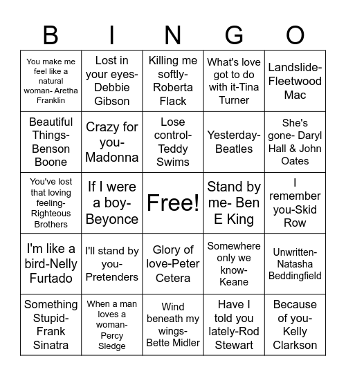 SP19 Sappy Songs! Bingo Card
