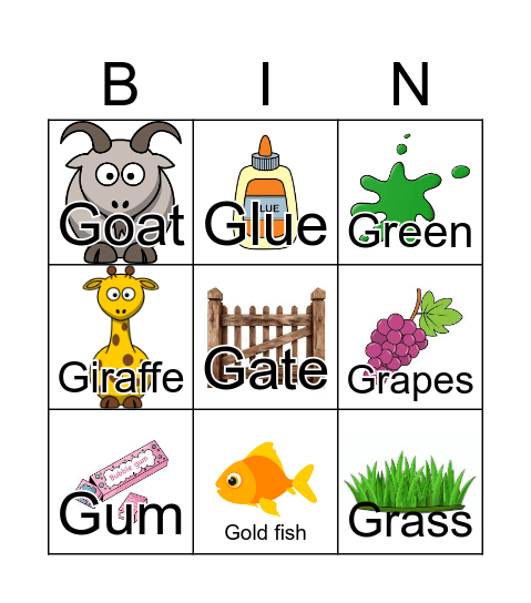Initial G Sound Bingo Card