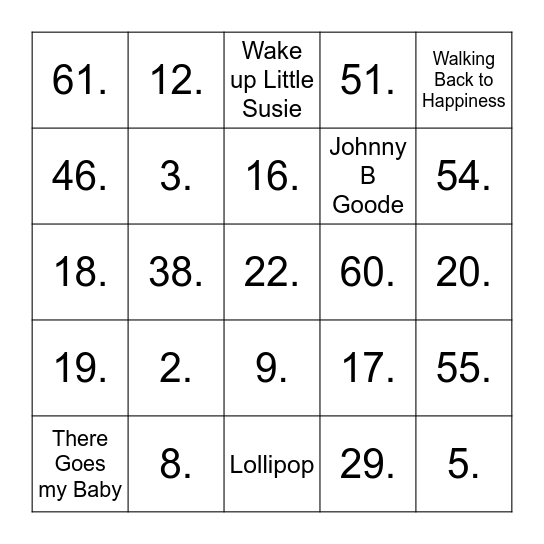 50's Music Bingo Card