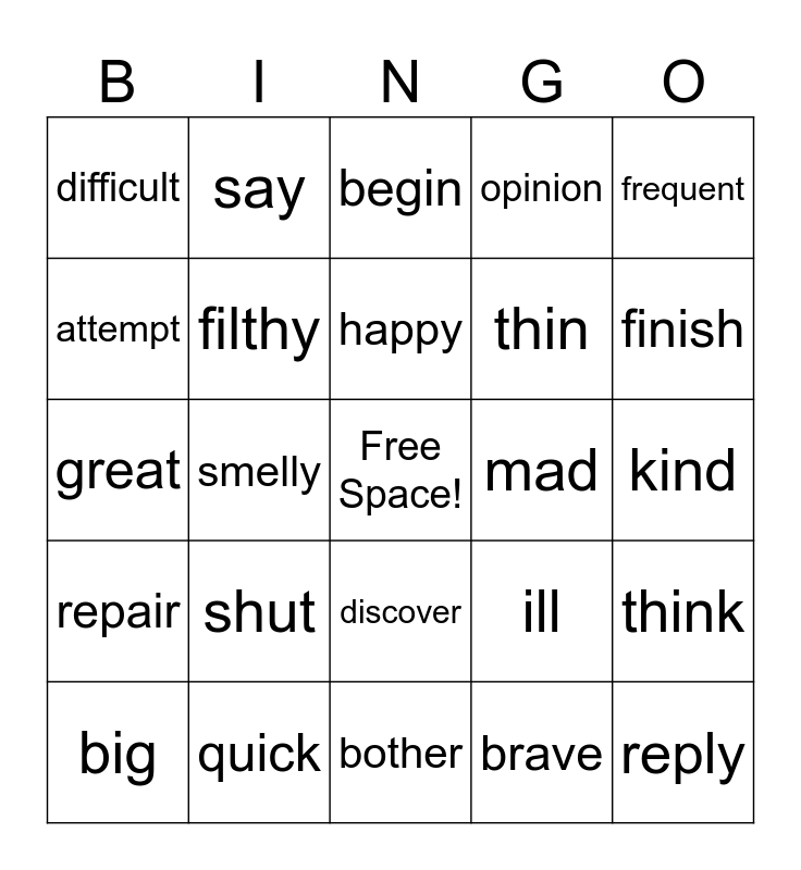 Synonym Bingo Card