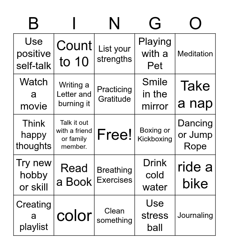 Anger coping skills Bingo Card