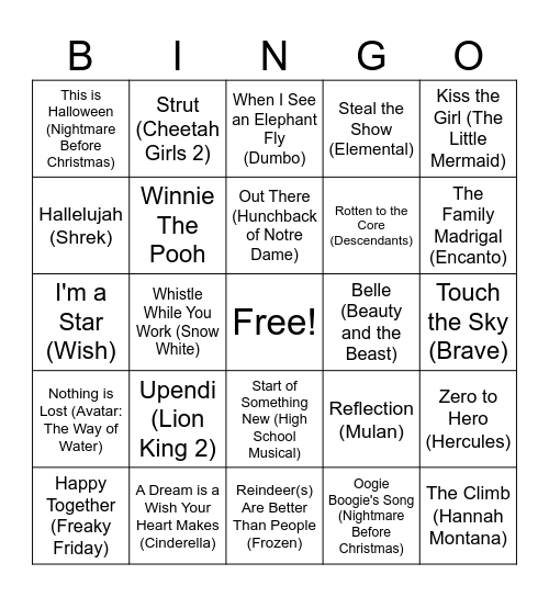Disney/Pixar Bingo Card