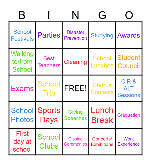 Junior High School Memories Bingo! Bingo Card