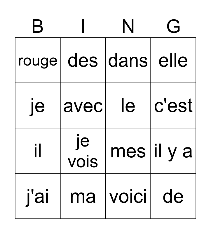 Mots fréquents Bingo Card