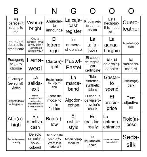 Spanish 2- Autentico 2B Vocabulary Bingo Card