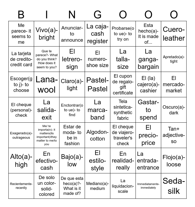 Spanish 2- Autentico 2B Vocabulary Bingo Card