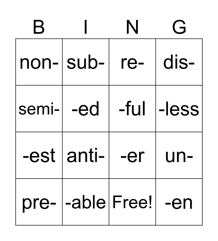 Prefix/Suffix Bingo Card
