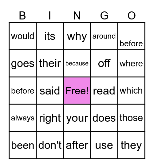 Common Words to Know Bingo Card