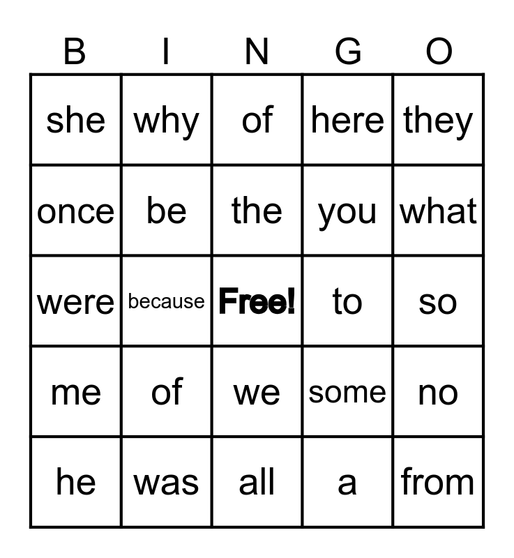 Tricky Word Bingo Card