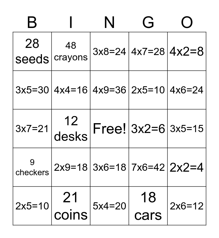 Arrays Bingo Card